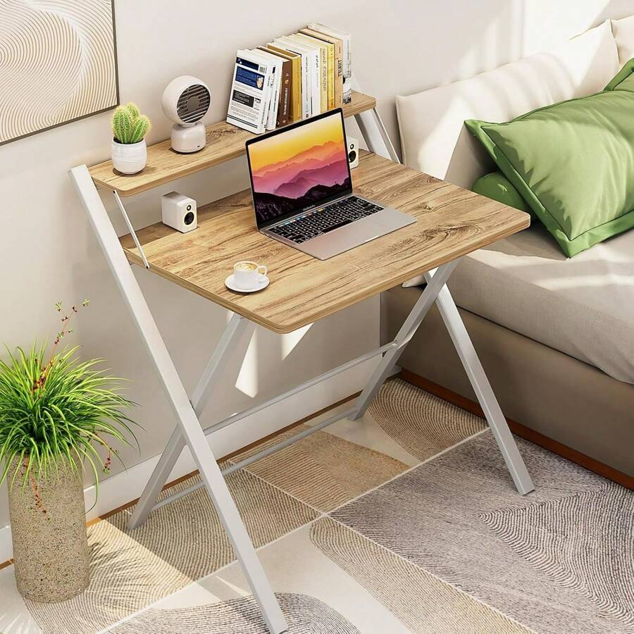 Folding Desk No Assembly Required Small Size, 2-Tier Foldable Computer ...
