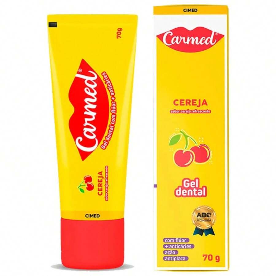 Creme dental Carmed Sabor Melancia e Cereja 70g Gel Pasta de dente Linha Infantil com fluor ...