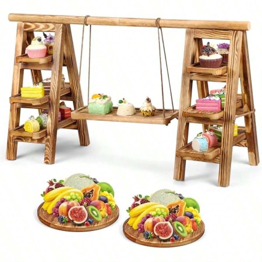 3 Tier Wooden Stand Wooden Serving Tray Set Cake Swing Stand With 2 Pcs ...