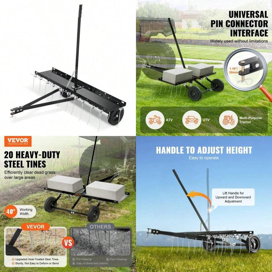 VEVOR Tow Behind Dethatcher 40-Inch Tow Dethatcher With 20 Spring Steel ...