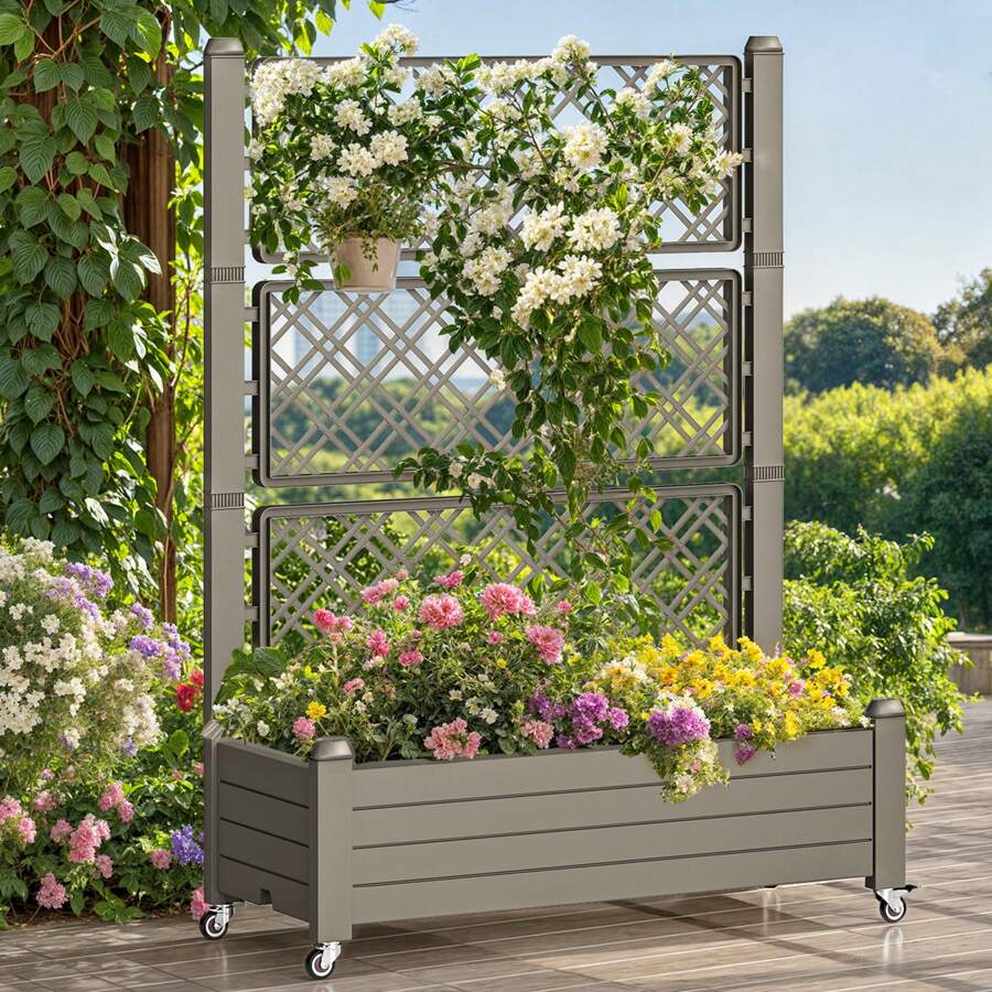 Large Planter Box Trellis, Outdoor Raised Garden Bed With Drain Plug ...