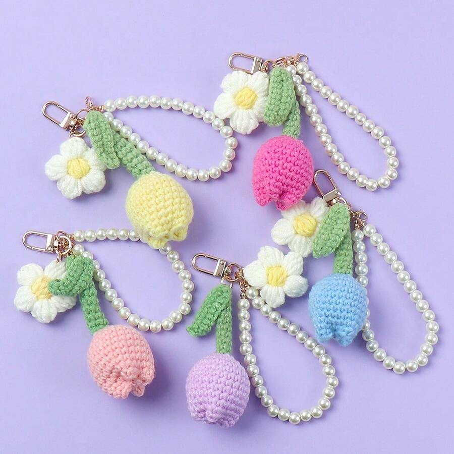 1 Pc Cute Wool Crocheted Tulip Faux Pearl Key Ring Ins Cute Girl Faux ...