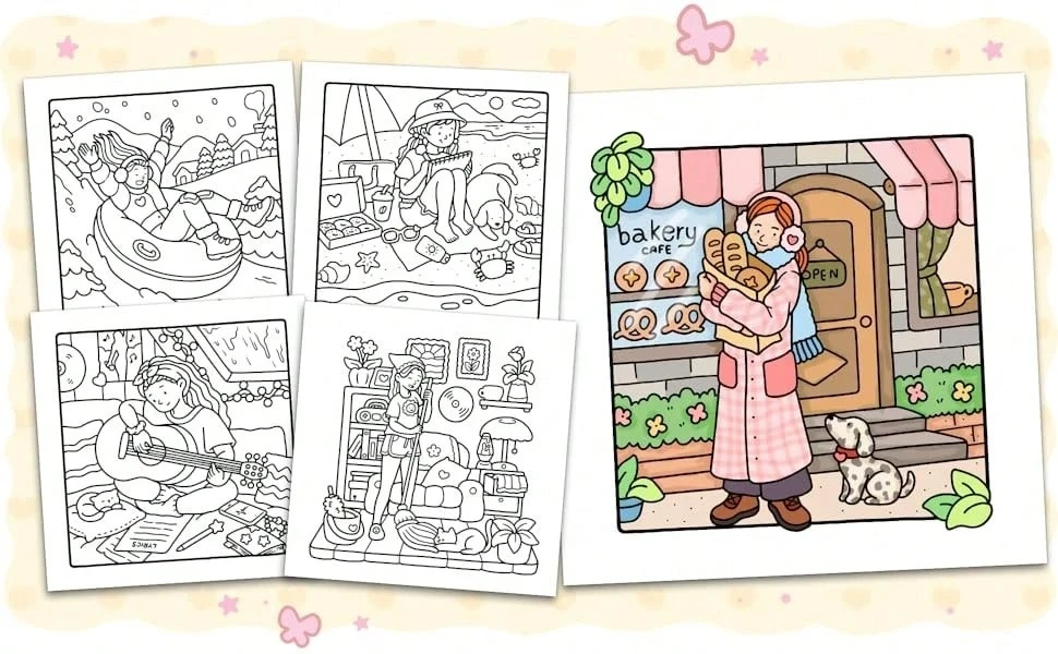Girl Moments: Coloring Book For Adults And Teens Featuring Cute Cozy ...