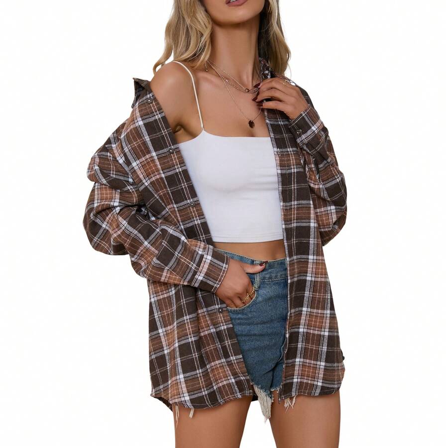 GoyRrbay Womens Button Down Flannel Shirts Long Sleeve Plaid Shackets ...