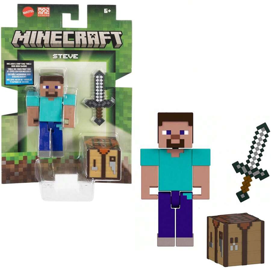 Mattel Minecraft-actiefiguur en accessoires 2 pakketten met Steve in 3,25-inch schaal ...