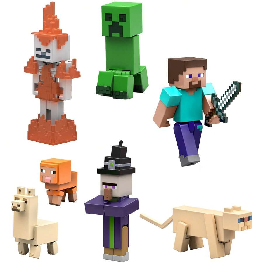 Mattel Minecraft-actiefiguur en accessoires 2 pakketten met Steve in 3,25-inch schaal ...