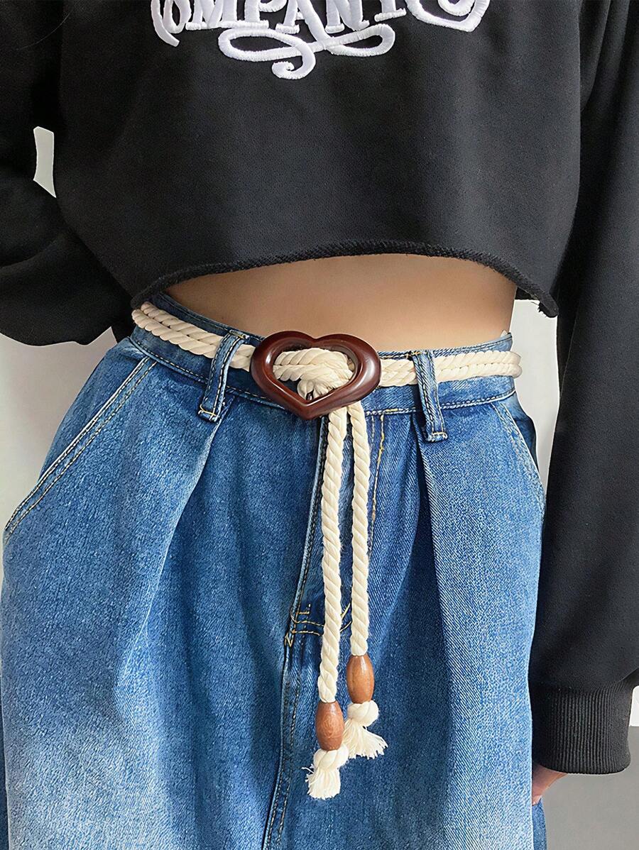 1pc Women's Silver Heart-Shaped Wooden Braided Belt, Vintage Fashion ...