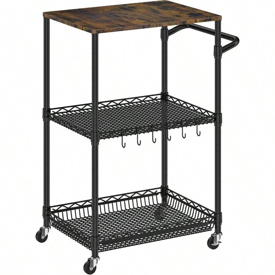 Rolling Kitchen Cart With Wheels 3 Tier Metal Utility Cart With Wood ...