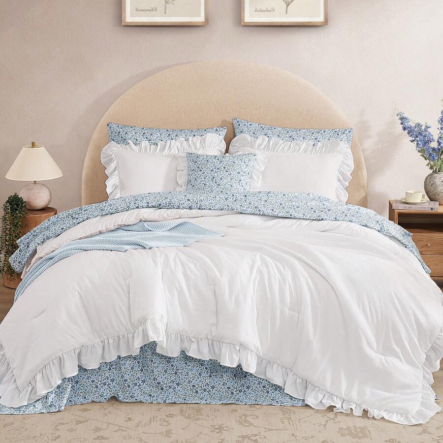 7PC Ruffle With Floral Sheet Comforter Set | SHEIN USA