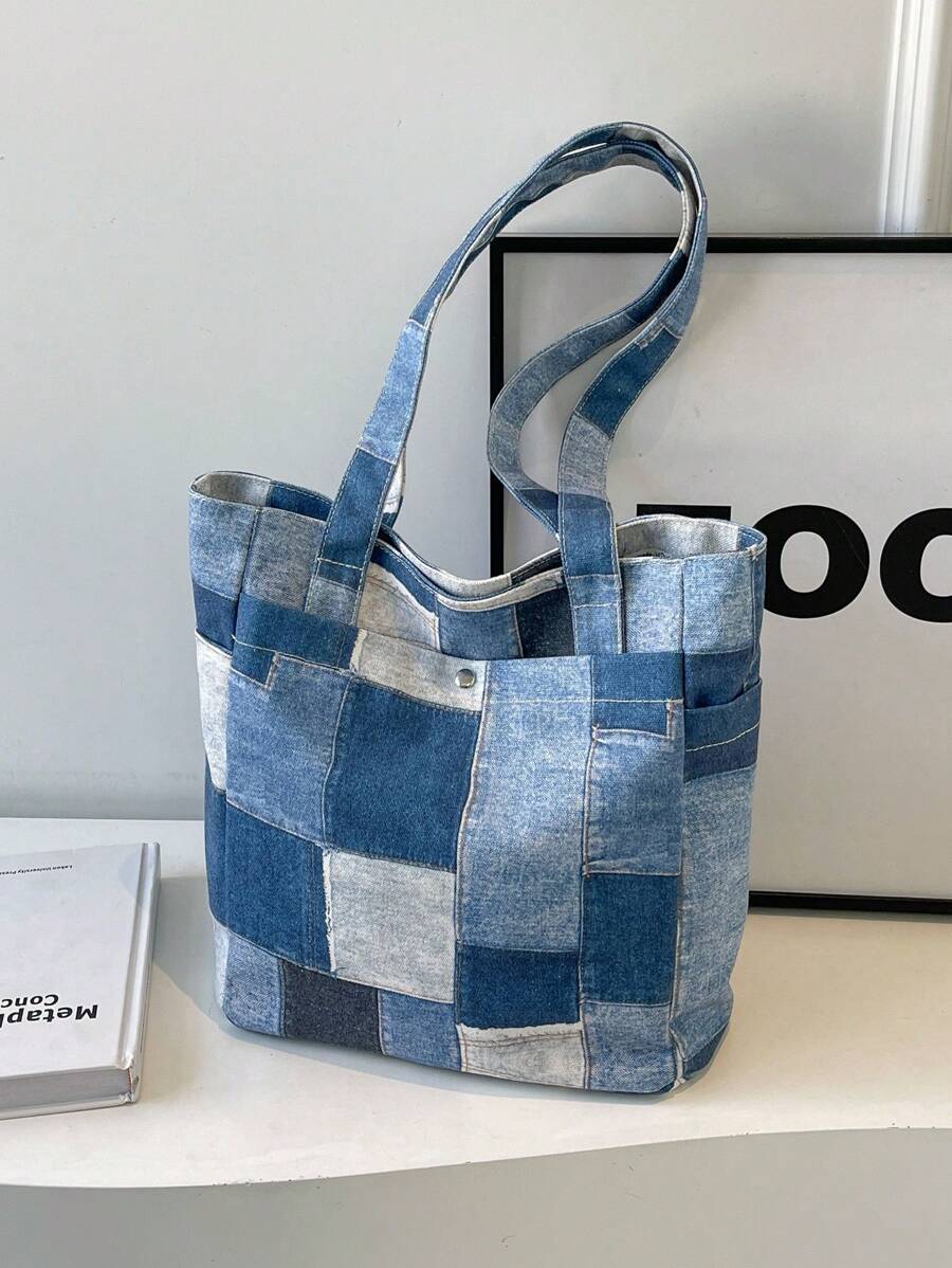 Sacola de Lona com Efeito Denim, Bolsa de Ombro Multibolso, Mochila de ...