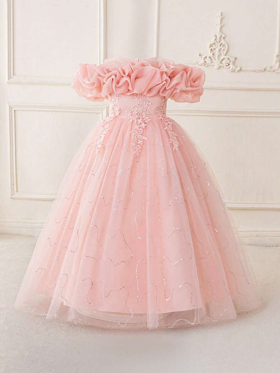 Tween Girls Ruched Open Shoulder Pink Party Dress, Floral Embroidered ...