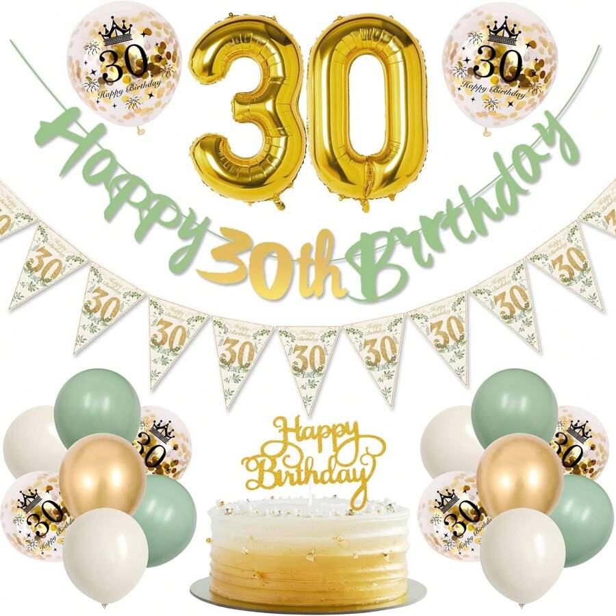 Green & Gold 30th Birthday Balloon Decorations Including Happy Birthday ...