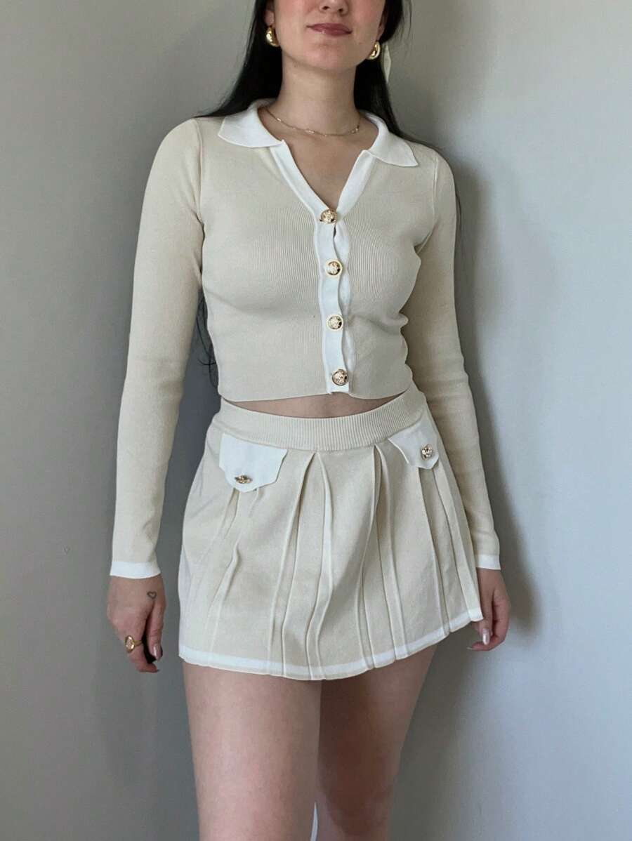 Women Beige Rib-Knit Long Sleeve Top And Pleated Short Skirt Set – Slim ...