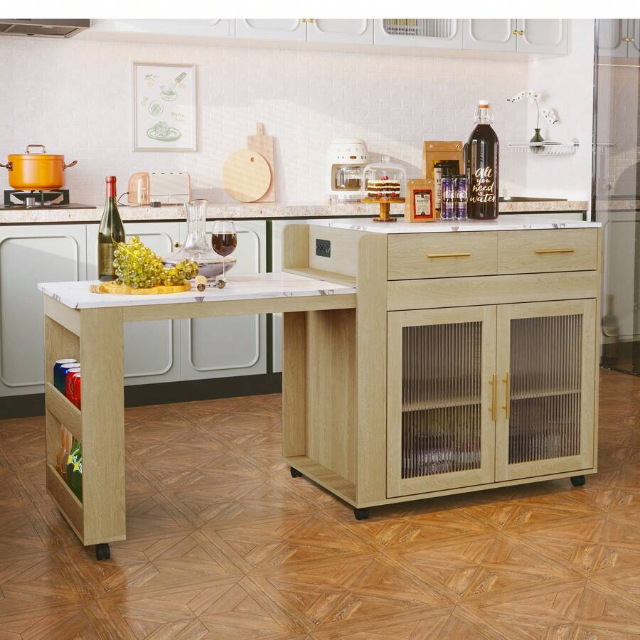 71.65" Expandable Kitchen Island Cart With Power Outlets & Marble Top ...