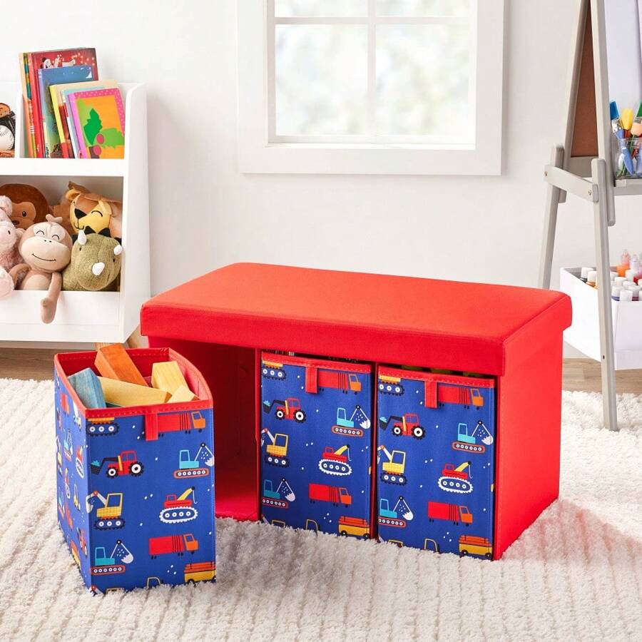 28 Inch Bench With 3 Drawers, Red Truck Pattern, Storage Seating ...