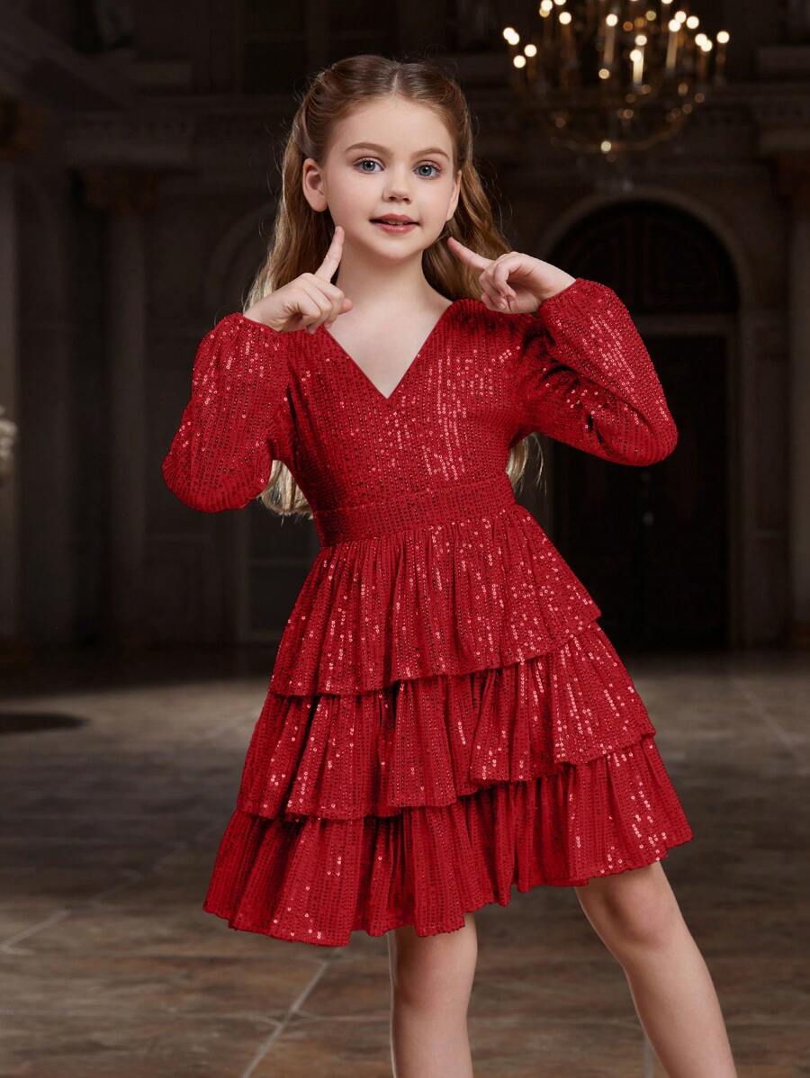 Tween Girls' Sequined V-Neck Lantern Sleeve Tiered A-Line Tulle Formal ...