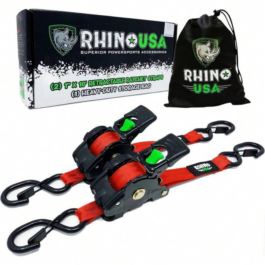 Rhino USA 1" X 10' Retractable Ratchet Straps (Select 2 Pack Or 4 Pack ...