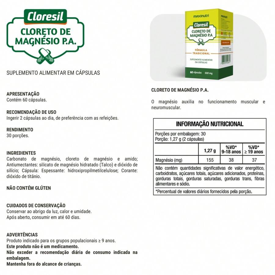 Kit 3 Cloresil Cloreto Magnésio 500mg 60 Cápsulas Maxinutri | SHEIN Brasil