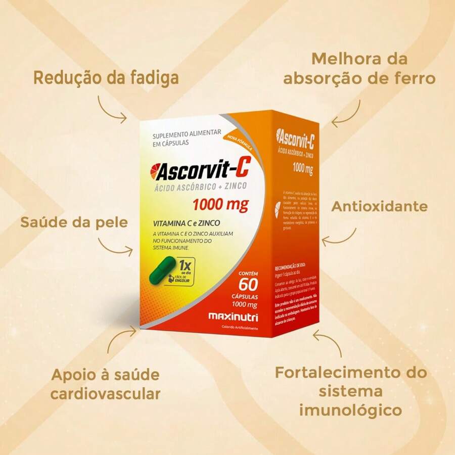 Kit 3 AscorVit C 1000mg Vitamina C + Zinco 60 Cápsulas Maxinutri | SHEIN Brasil