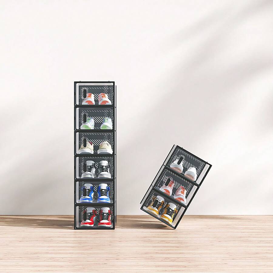 6PCS Samll Black Plastic Shoe Storage Box,Stackable Shoe Organizer For ...