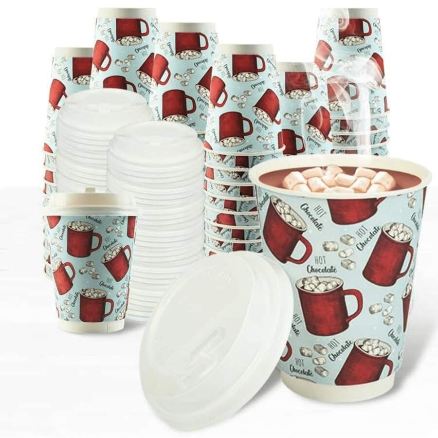 [100 Sets] 12 Oz Disposable Hot Chocolate Cups And Lids - Double Wall ...