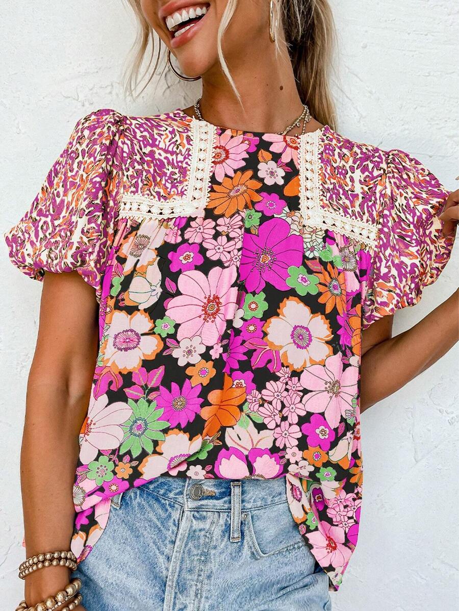 Bubble Sleeve Lace Trim Floral Mixed Print Ruffled Blouse Top | SHEIN USA