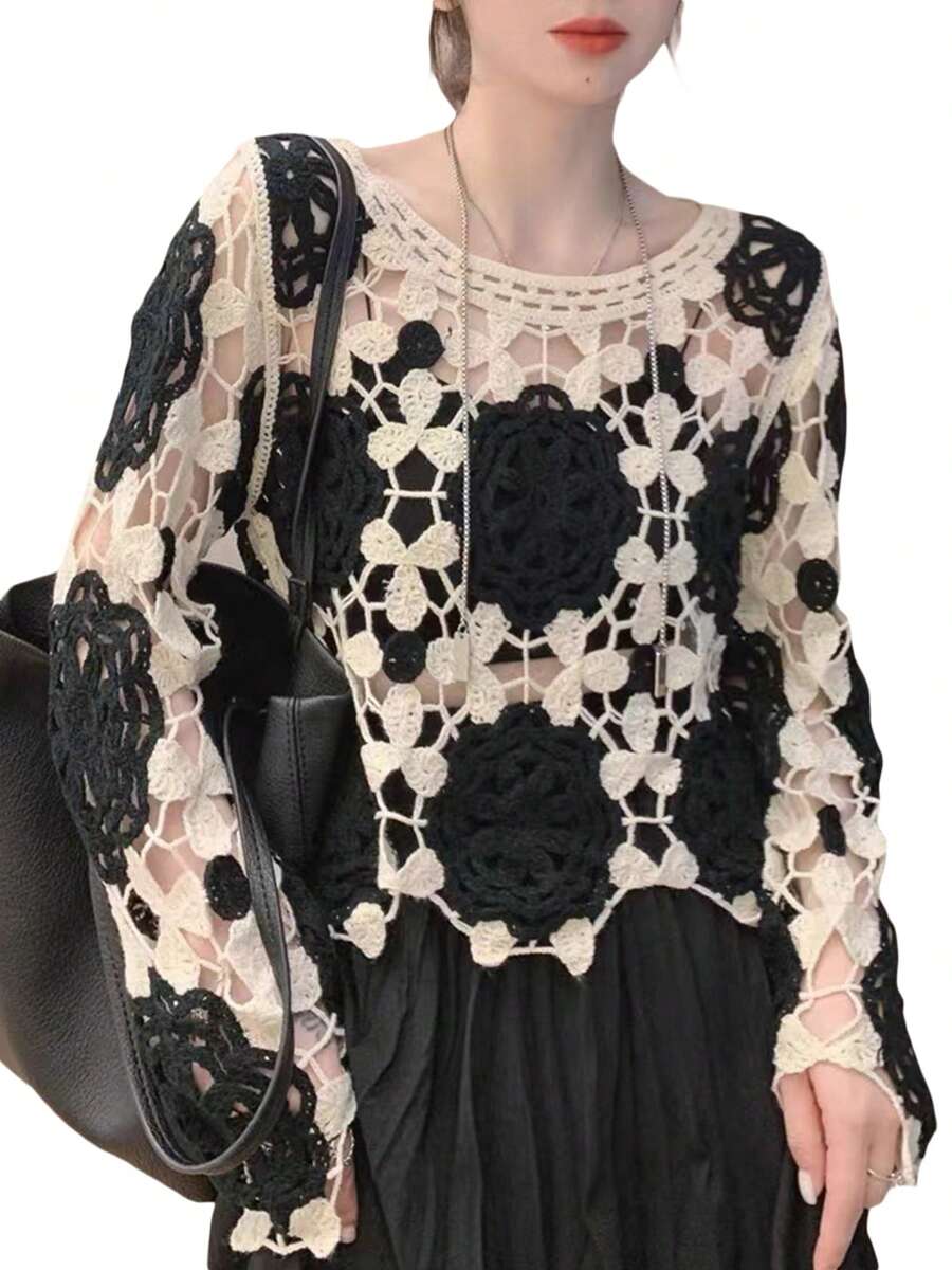 Women's Spring Summer Knit Tops Long Sleeve Crewneck Floral Crochet ...