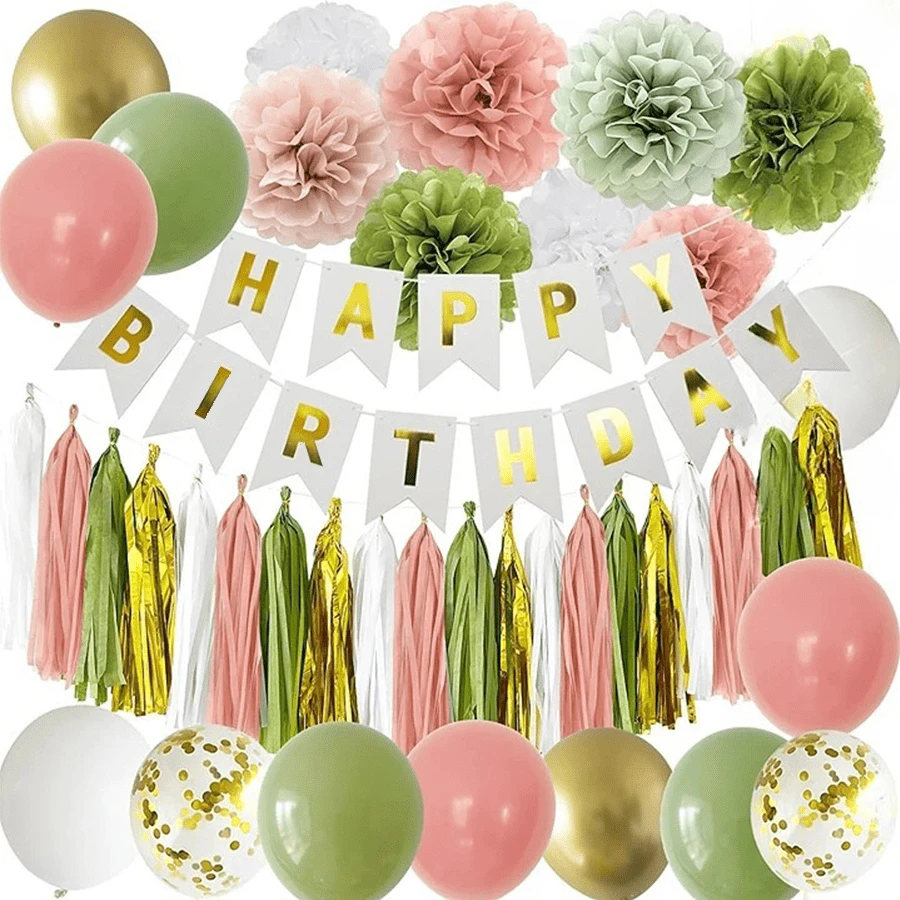 Sage Green And Retro Pink Happy Birthday Party Decorations White Rose ...