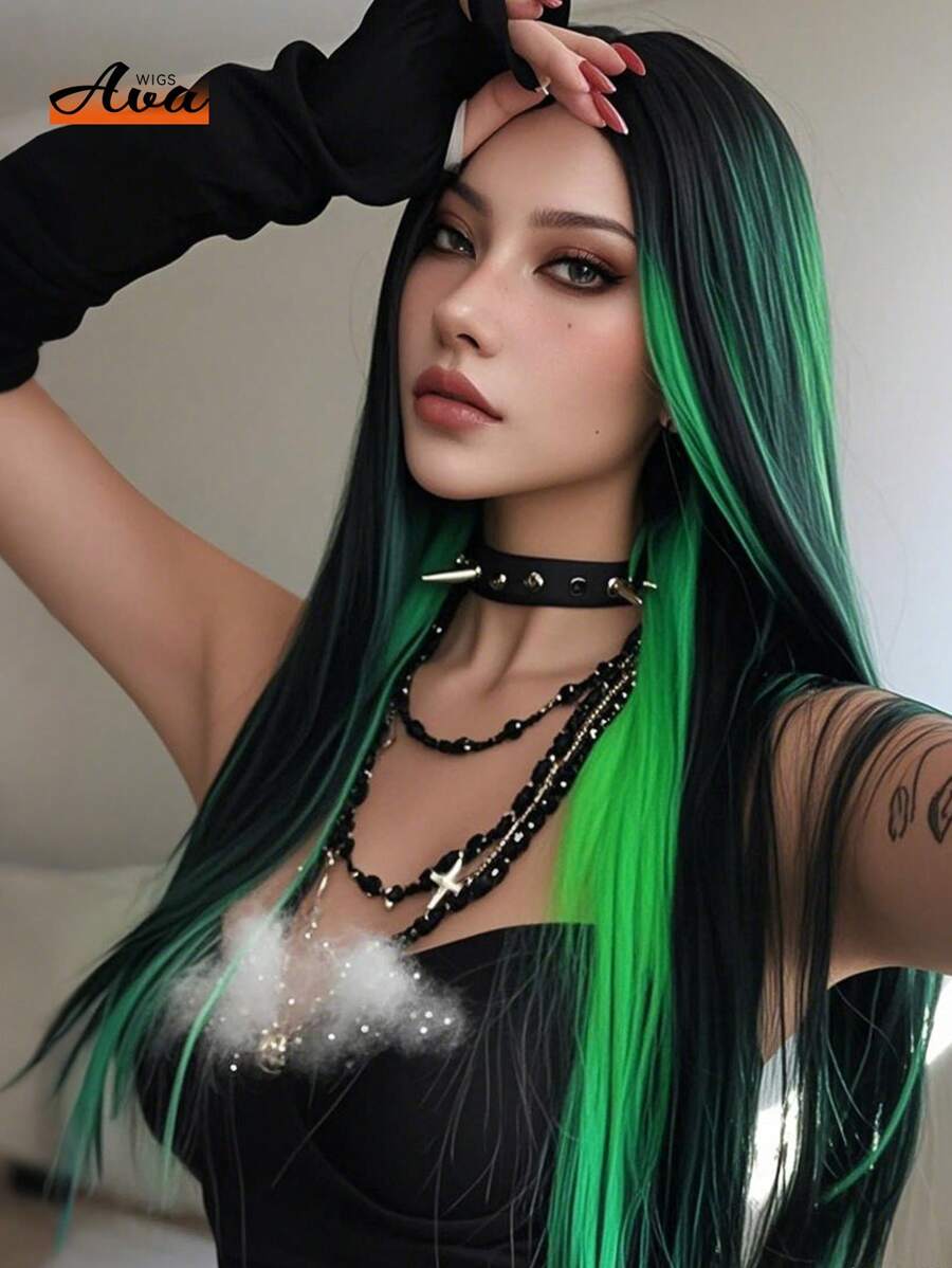 Ava WIGS 26 Inch Black Green Wig Green Highlight Wig Long Straight Wig Street Punk Synthetic Wig ...