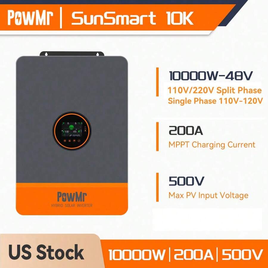 PowMr PowMr 10KW MPPT Solar Hybrid Inverter 48V 120V-240V AC Split Phase Power Inverter Built In ...