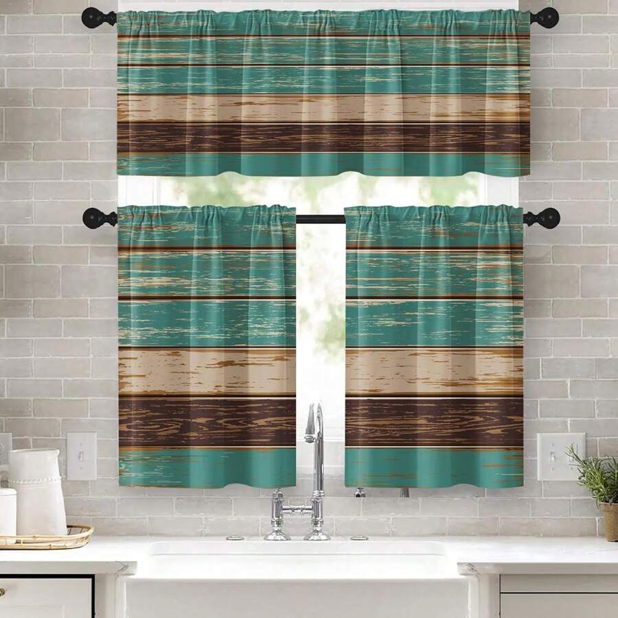1Pc 60"X18"/ 2Pcs 28" X 40" Kitchen Curtains Wooden Texture Window ...