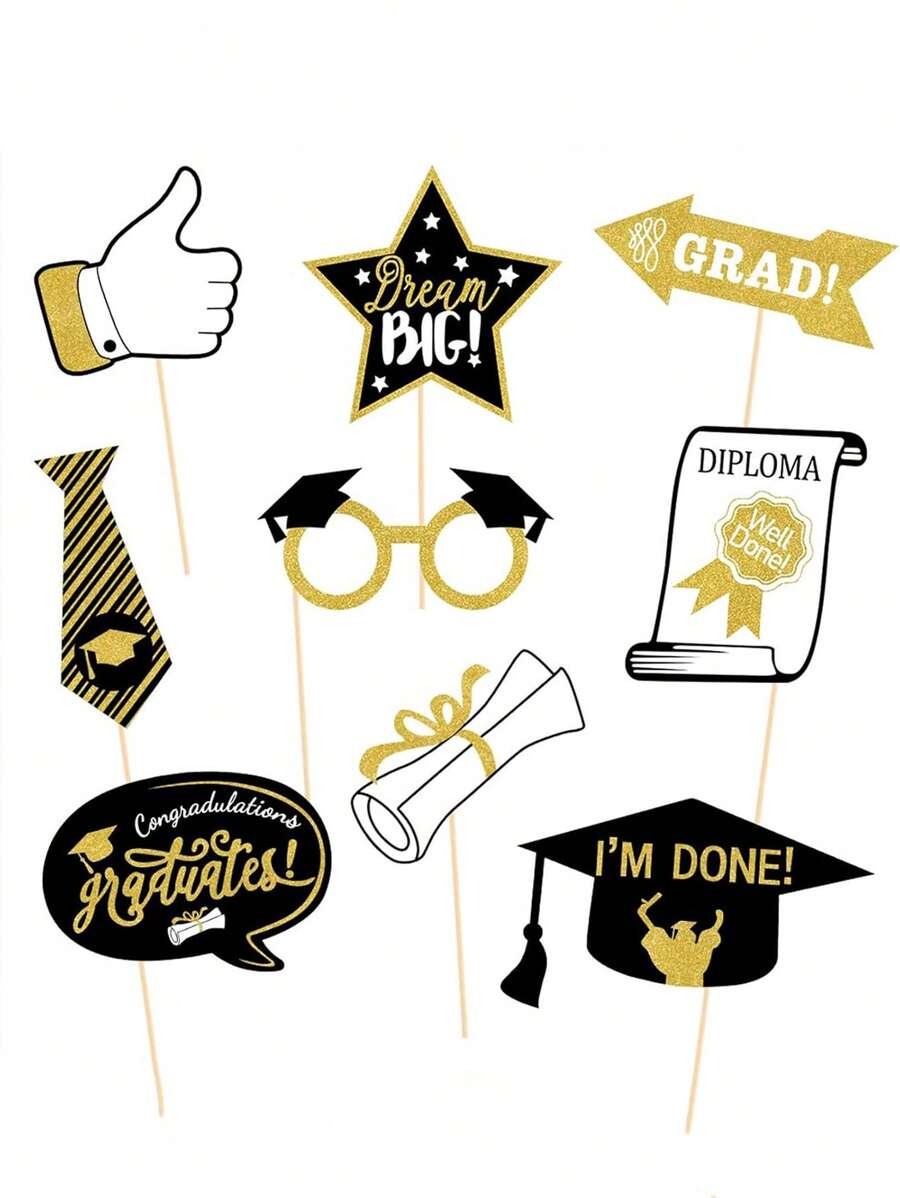 25pcs Black & Gold Graduation Party Photo Booth Props, DIY Funny ...
