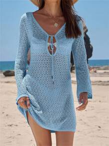 Women Beach Cover Up Solid Color Tie-Up Front Hollow-Out Summer ...