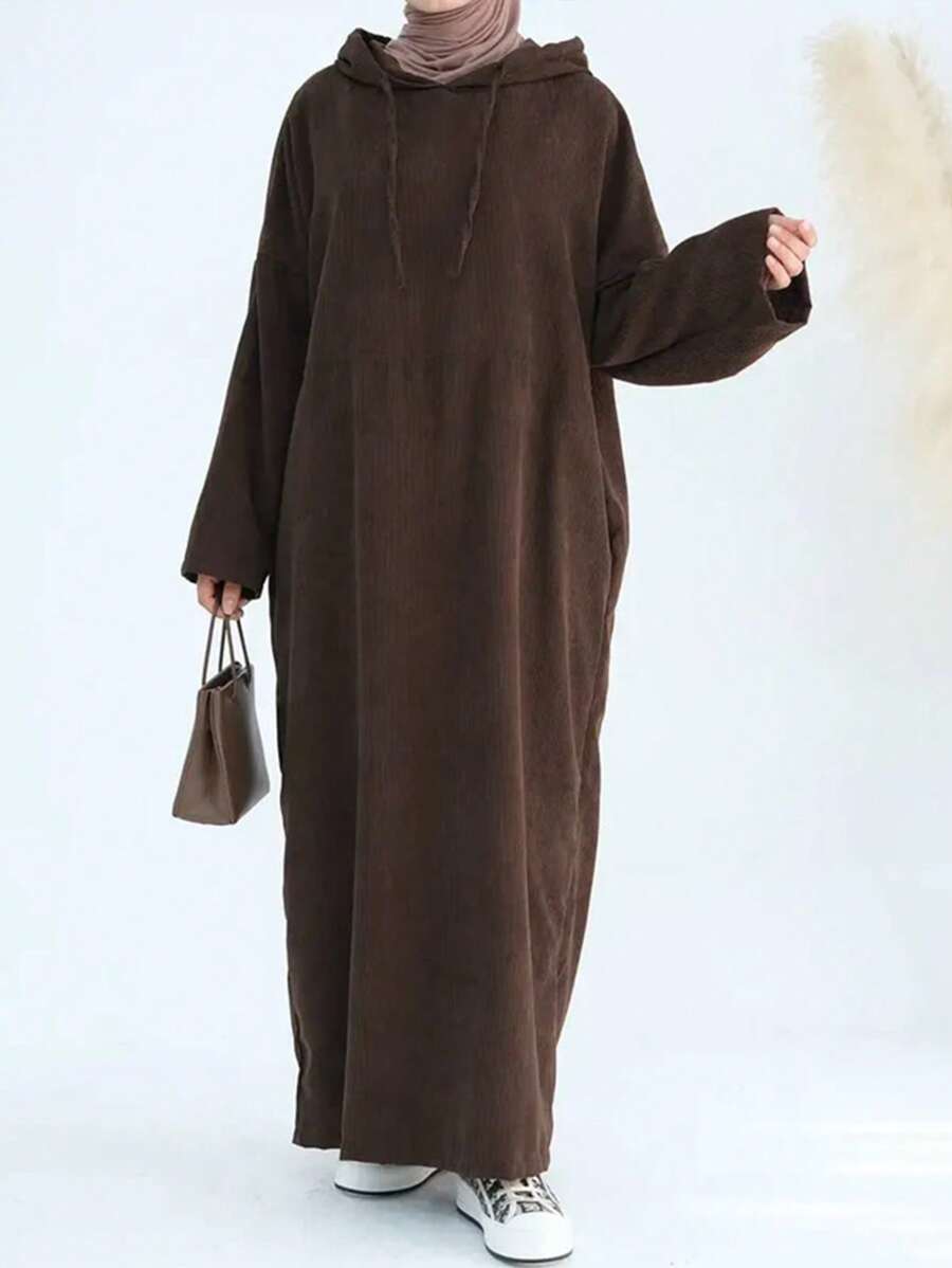Women's Solid Color Drawstring Hooded Casual Dress, Modest Kaftan ...