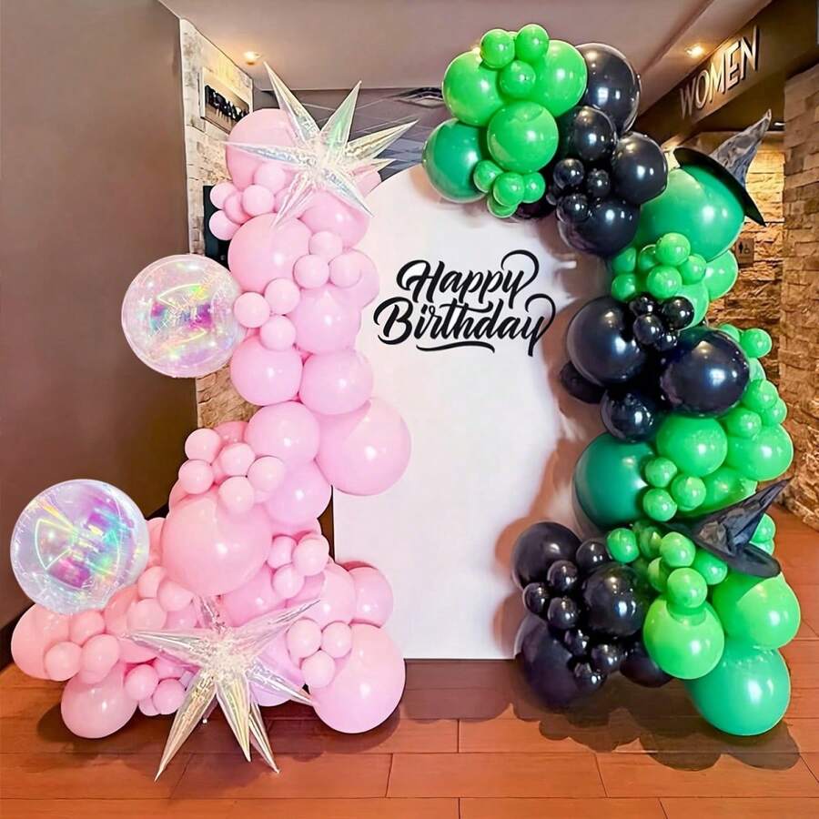 150pcs/Set Green & Pink Balloon Garland Arch Kit, Pink, Green, Black Balloons With Rainbow ...