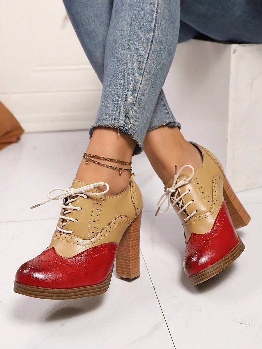 Women's Classic Retro Brogue Thick High Heel Oxford Pumps, Multiple ...
