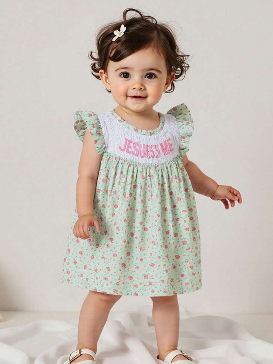 Toddler Baby Girl Easter Outfit Floral Print Dress Jesus Loves Me Letter Embroidery Fly Sleeve ...