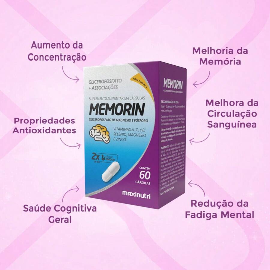 Kit 3 Memorin Glicerofosfato de Magnésio + Vitaminas 60 Cápsulas ...
