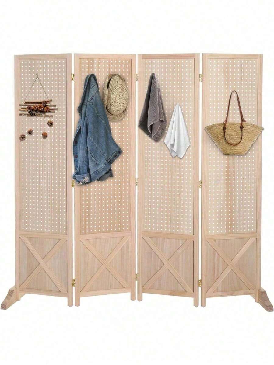 4 Panel Natural Freestanding Pegboard With Support Feet, 5 FT Wood Room ...
