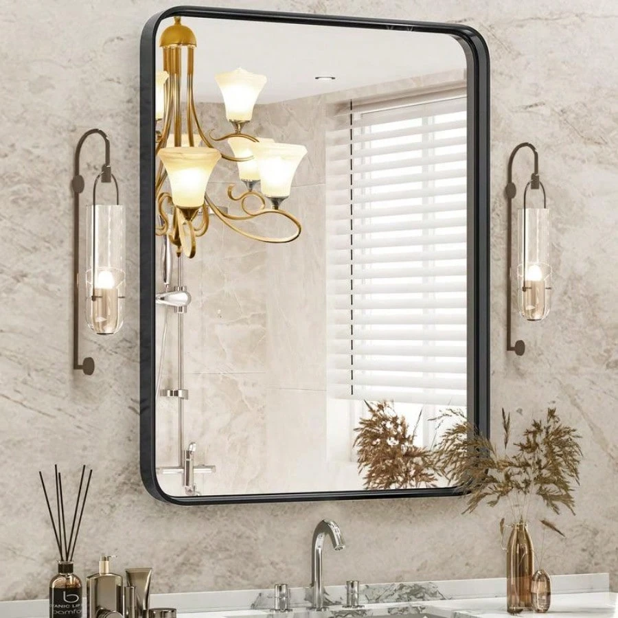 Bathroom Mirror Wall Mirror For Bathroom Black Metal Framed Rounded Corner Rectangle Vanity ...