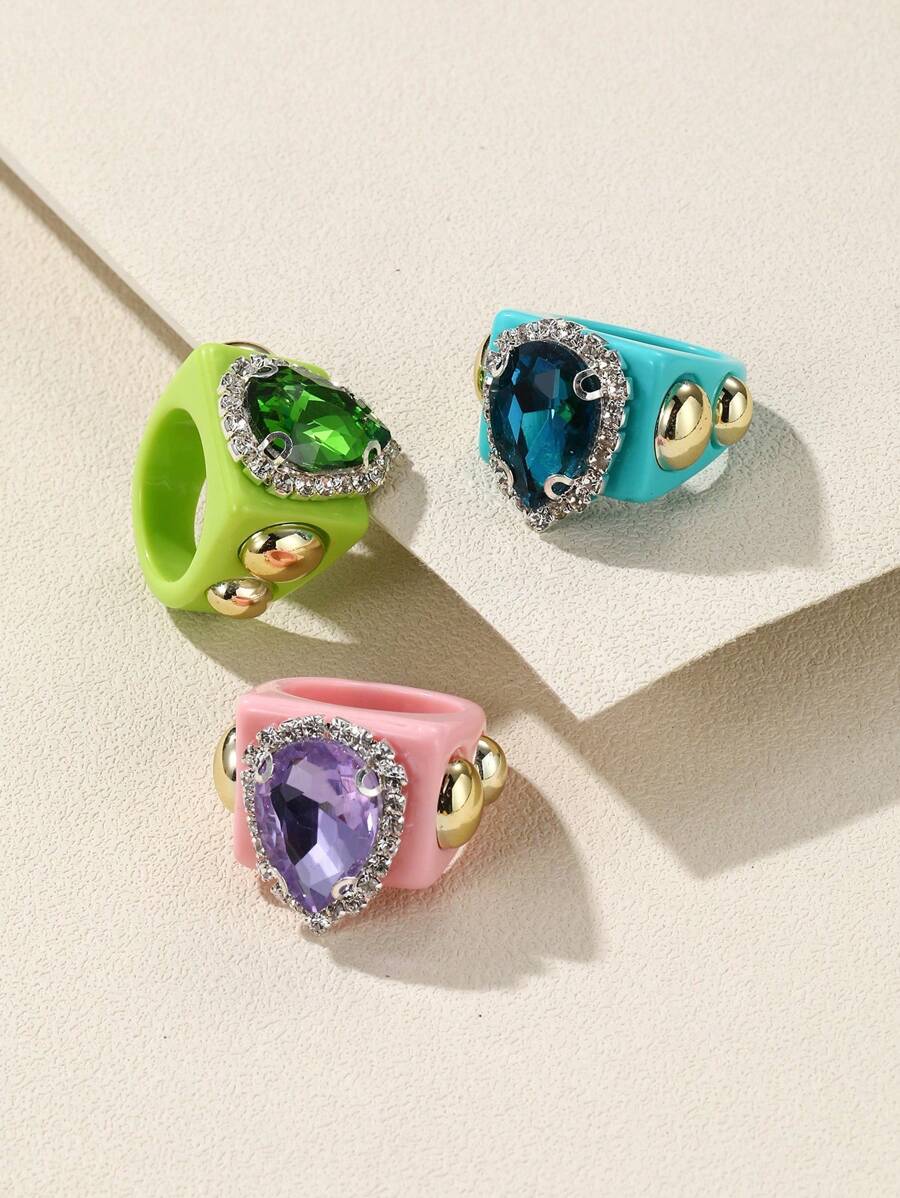 3pcs Colorful Crystal Resin Square Ring Set, Fashion Jewelry For Women & Students, Suitable For ...