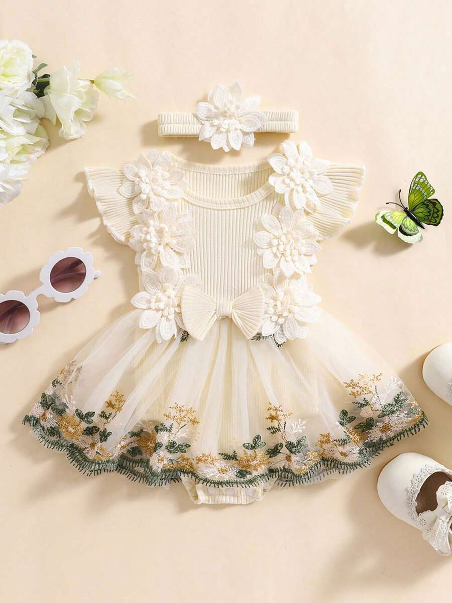 Baby Girls Princess Rompers Dress Floral Embroidery Mesh Hem Infant ...