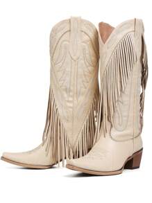 Womens Black Retro Knee High Fringe Tassel Chunky Heel Vacation Boots ...