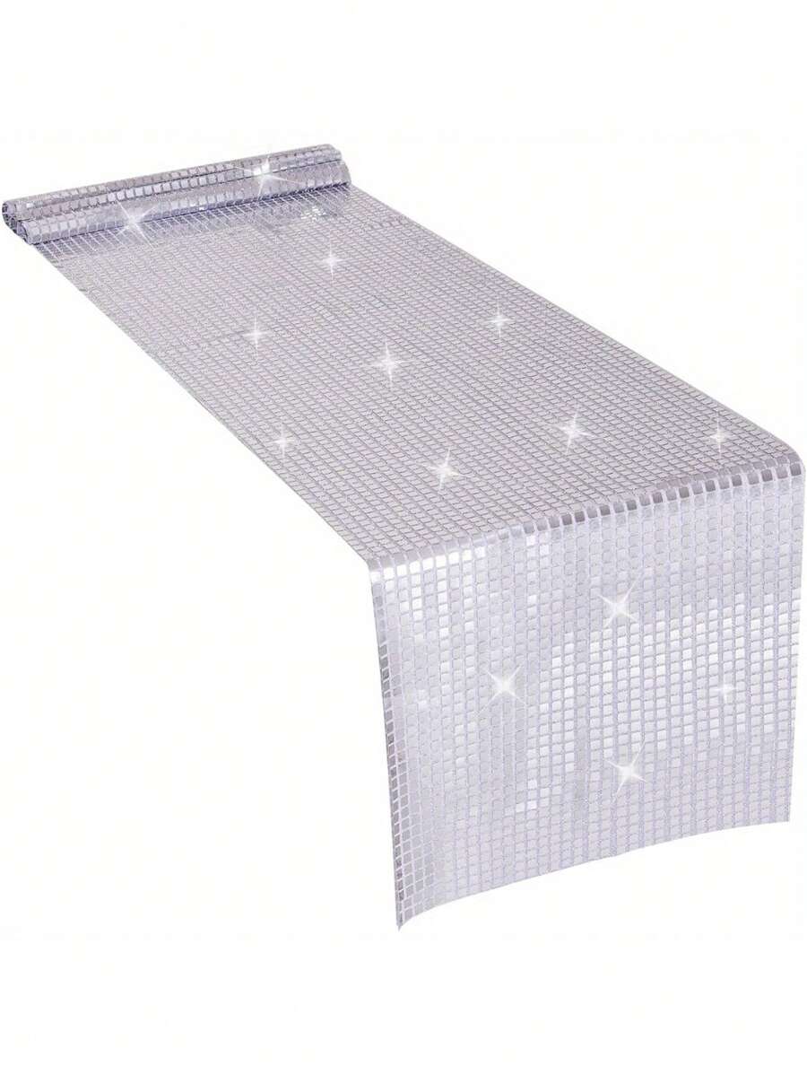 1 Pc Glitter Disco Table Runner, Mirror Silver Disco Party Tablecloth ...