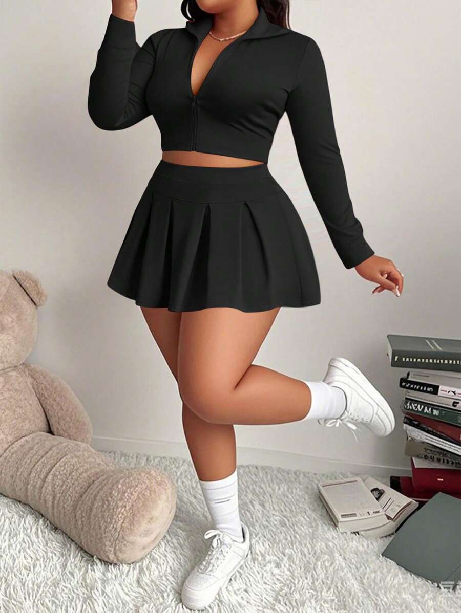 Women Plus Size Solid Color Long Sleeve Zip-Up Top And Pleated Midi Skirt 2 Pieces Casual Set ...