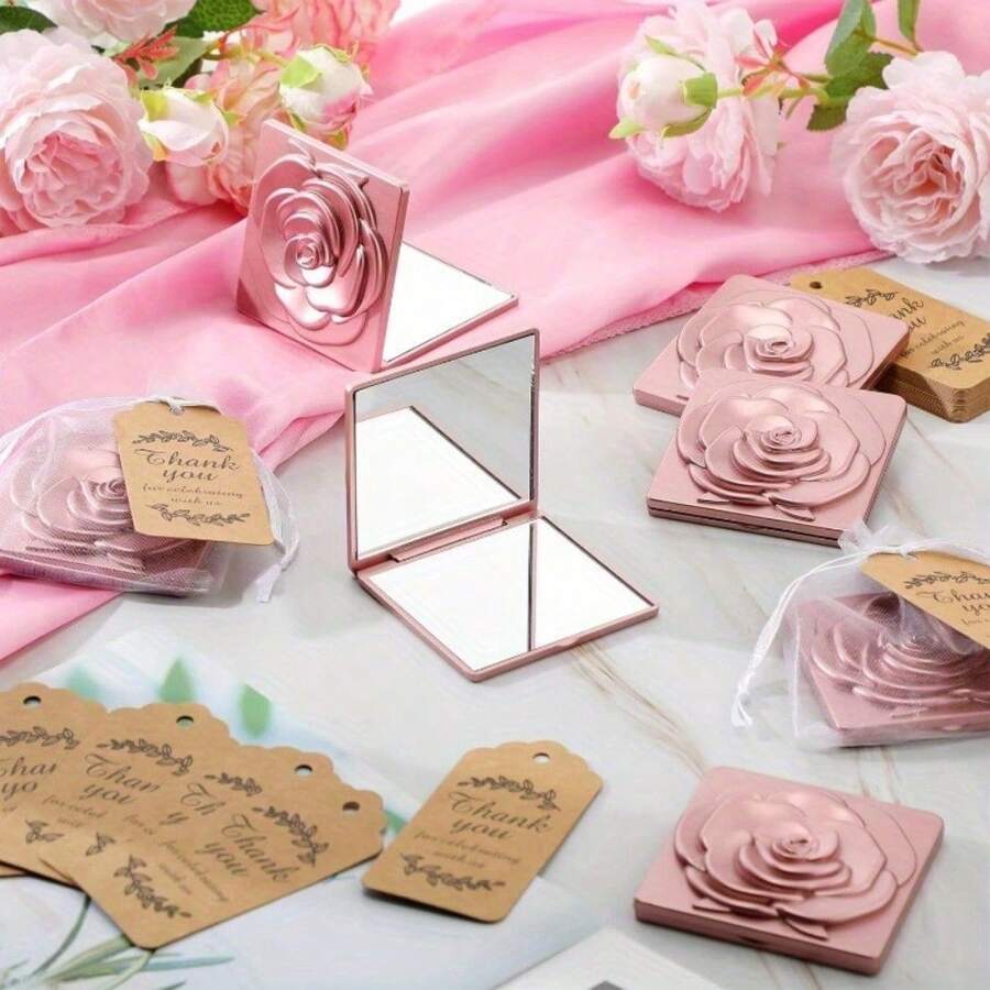 1 Pack Of 9pcs Compact Rose Mirrors, Portable With Thank You Tags And ...