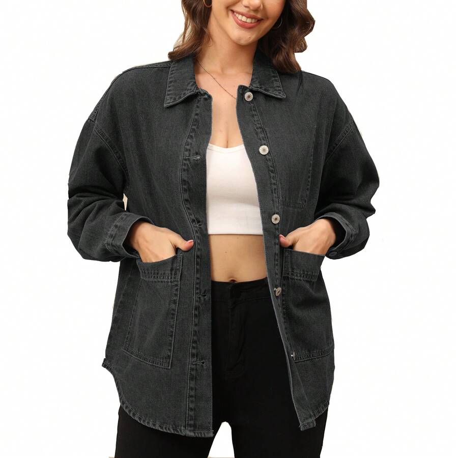 Women's Oversize Long Sleeve Button Down Boyfriend Denim Shacket With ...