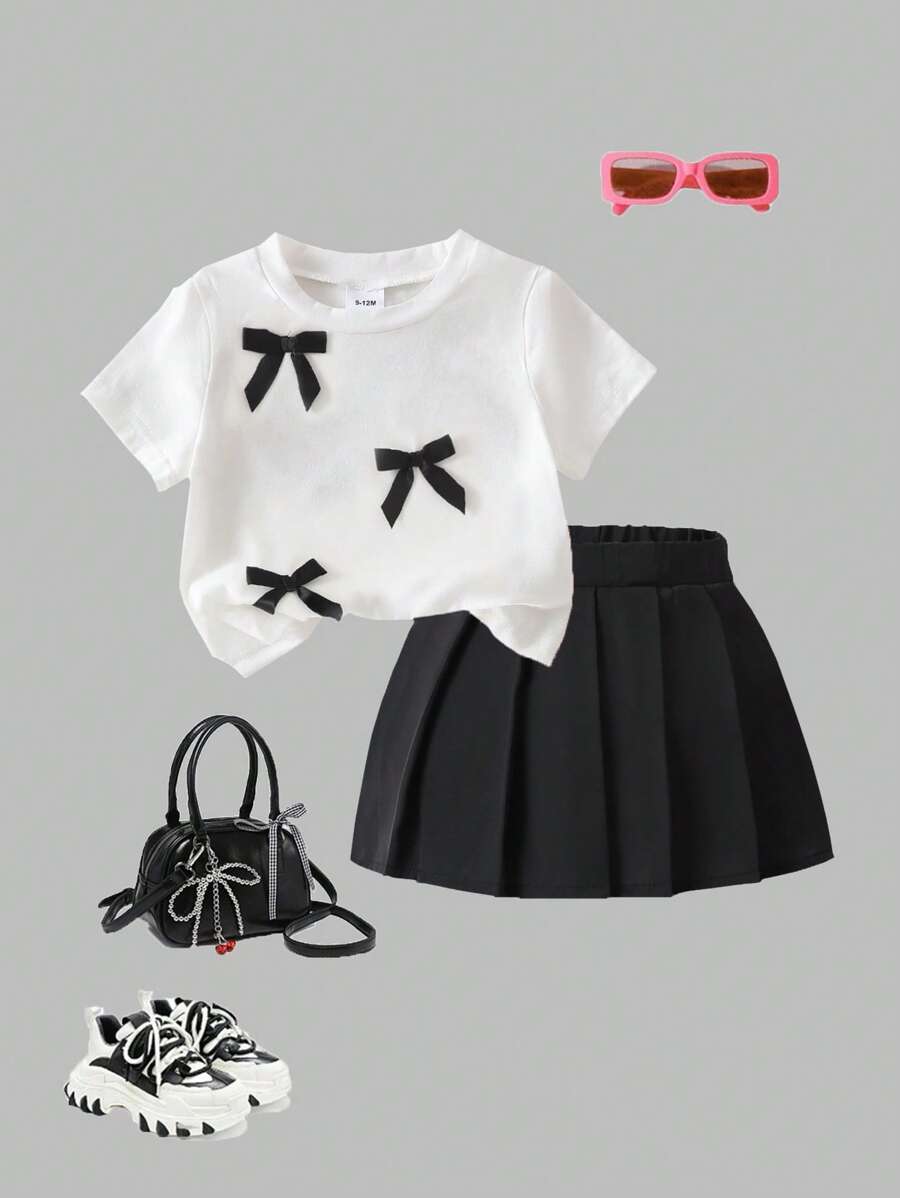 2pcs Baby Girls Bow Round Neck T-Shirt And Casual Pleated Skirt Set ...