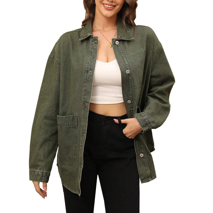 Women's Oversize Long Sleeve Button Down Boyfriend Denim Shacket With ...