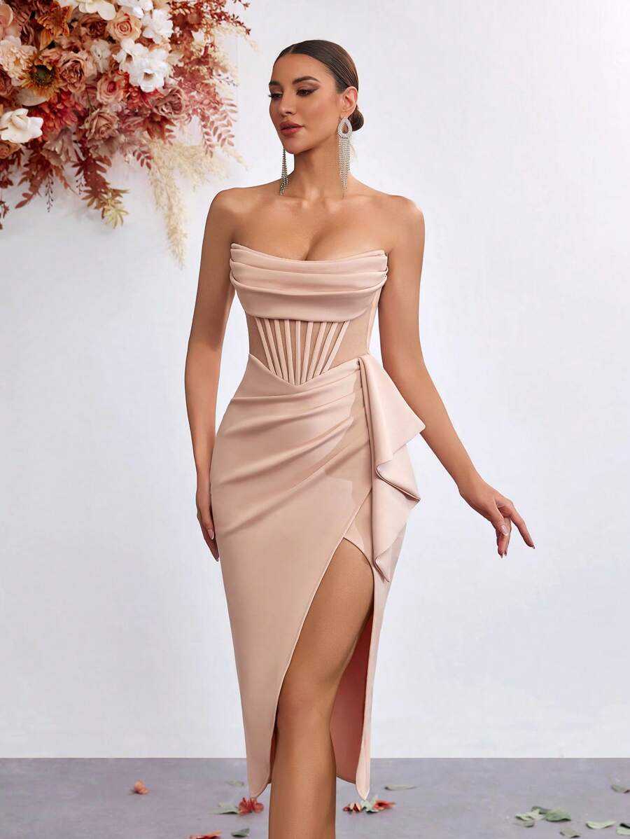 ADYCE Women's Ruffled Trim Mesh Contrast Halter Backless Slit Front ...